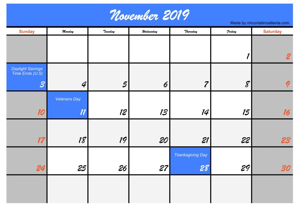 Best November 2019 Calendar Printable With Holidays | Calendar Template ...