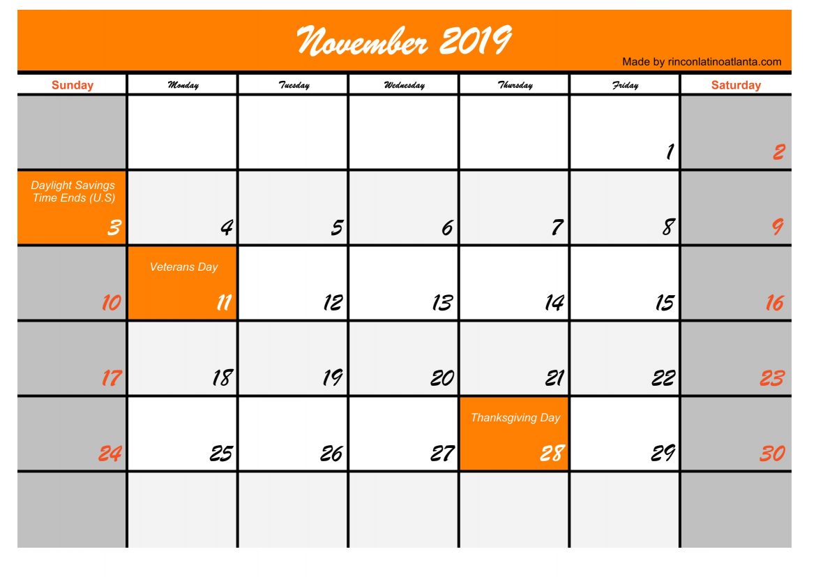 Best November 2019 Calendar Printable With Holidays | Calendar Template ...