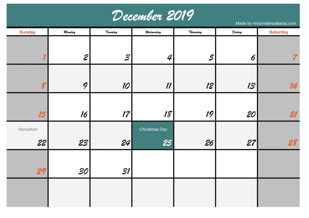 Printable December 2019 Calendar JPG and PDF | Calendar Template Printable