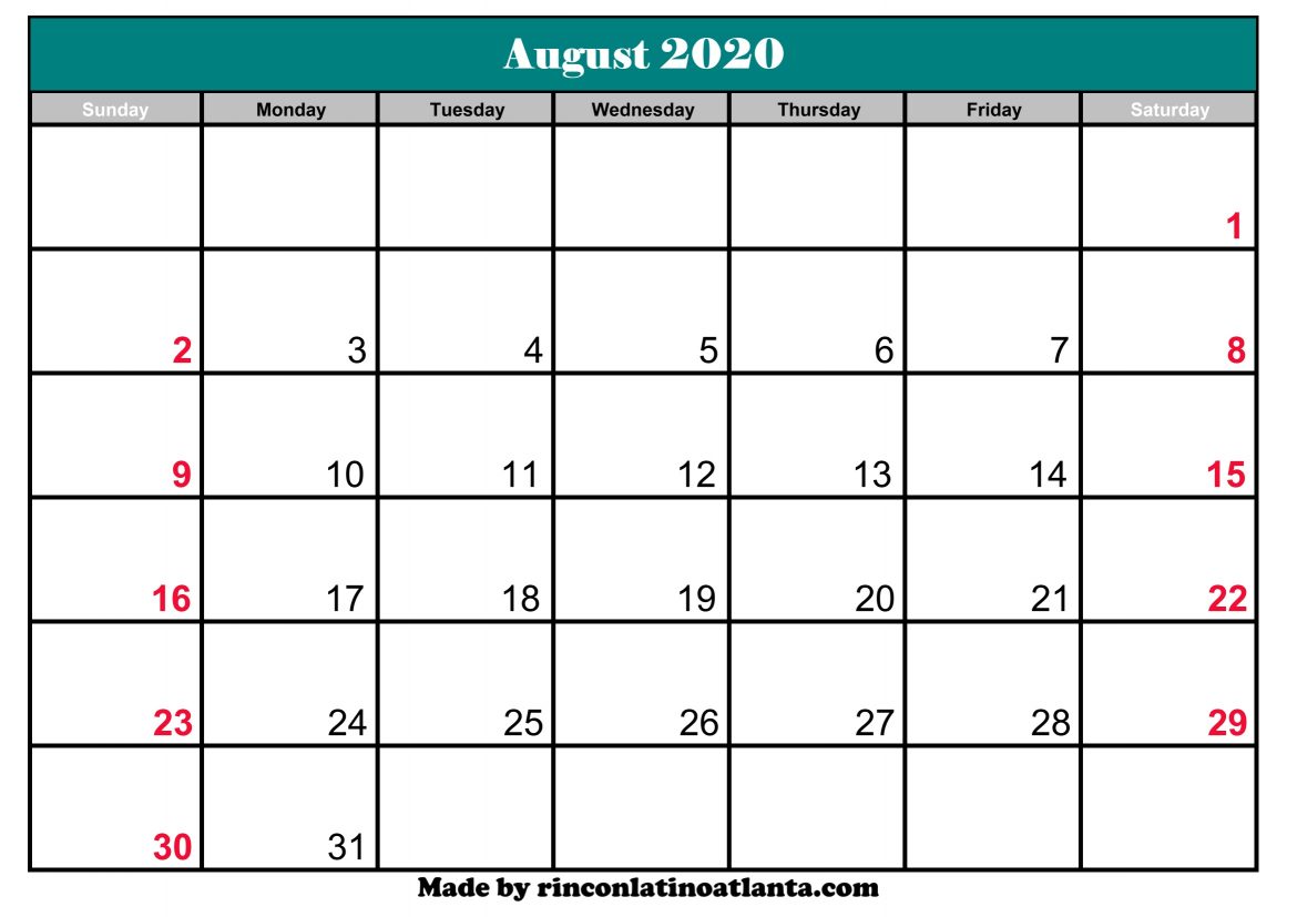 August 2020 Calendar Template Printable Editable | Calendar Template ...